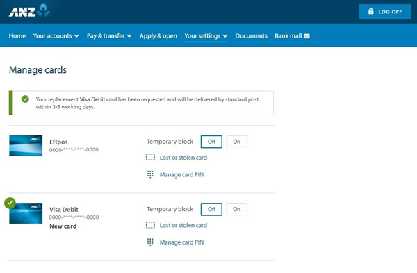 Cancel your card and order a replacement - ANZ Internet Banking