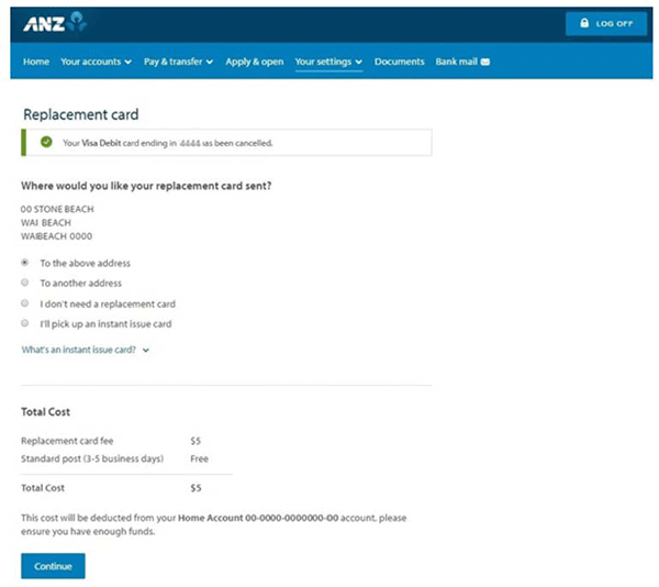 Cancel your card and order a replacement - ANZ Internet Banking