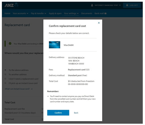 Cancel your card and order a replacement - ANZ Internet Banking